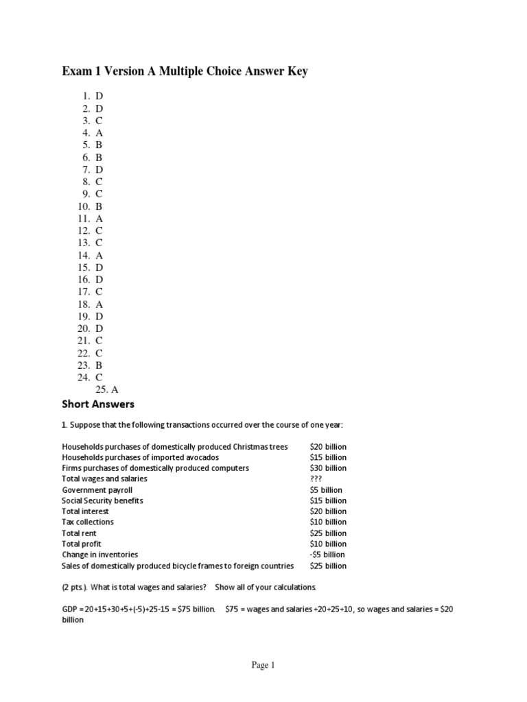 Exam 1 Version A Multiple Choice Answer Key | PDF