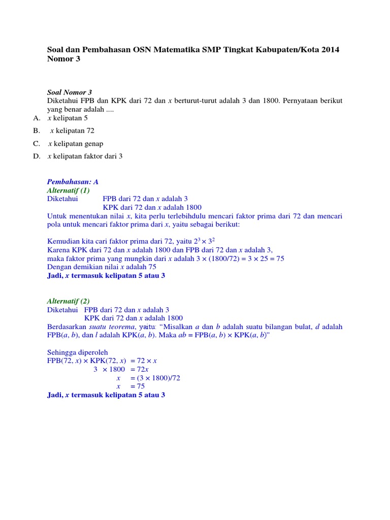 Soal Dan Pembahasan OSN Matematika SMP Tingkat Kabupaten | PDF