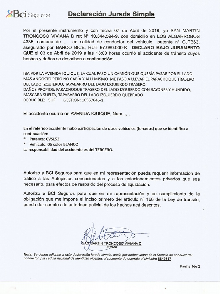 Declaración Jurada Seguro BCI PDF | PDF