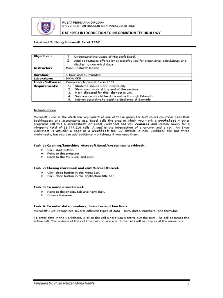 Labsheet 1 Dat 10503 | PDF | Microsoft Excel | Button (Computing)