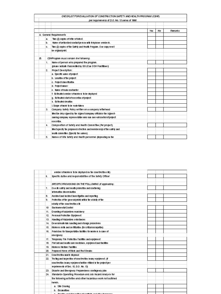 Checklist For Evaluation of Construction Safety and Health Program ...