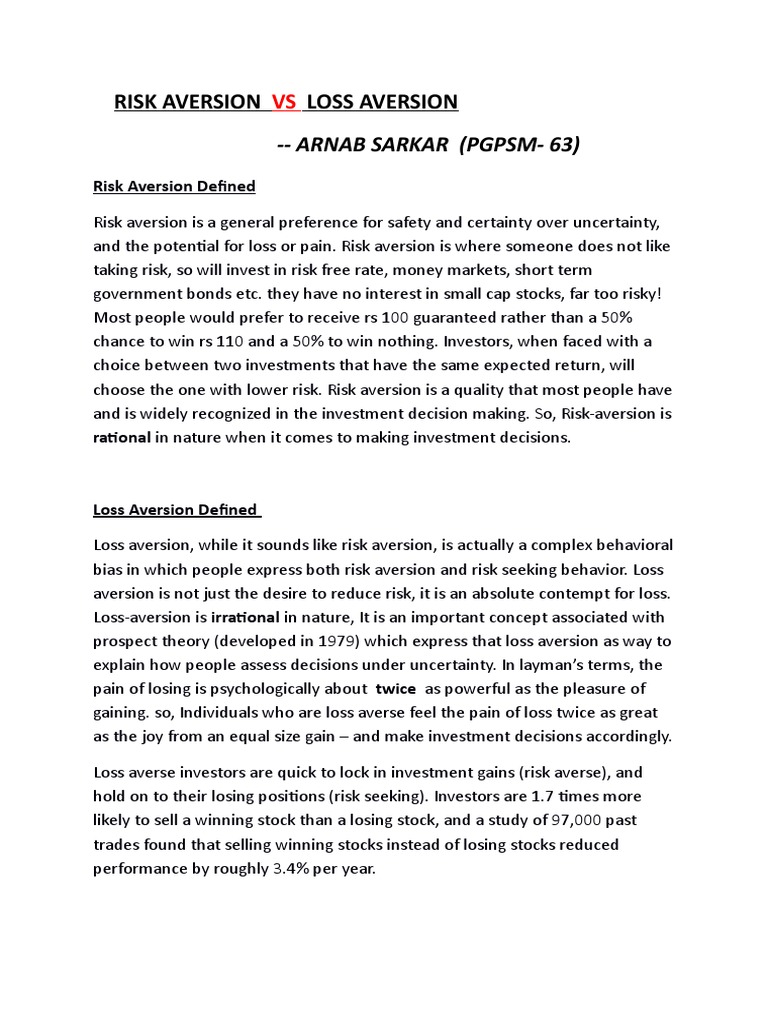 Risk Aversion Vs Loss Aversion | PDF | Risk Aversion | Risk
