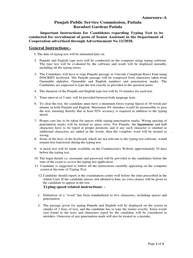 Typing Instructions PPSC SR Asst Posts PDF | PDF | Writing | Text