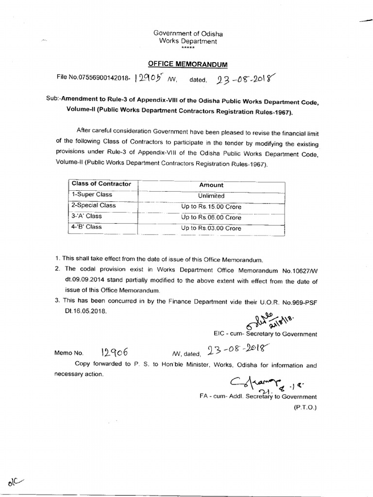 Odisha PWD The Financial Limit of The Super, Special, A and B - Class ...