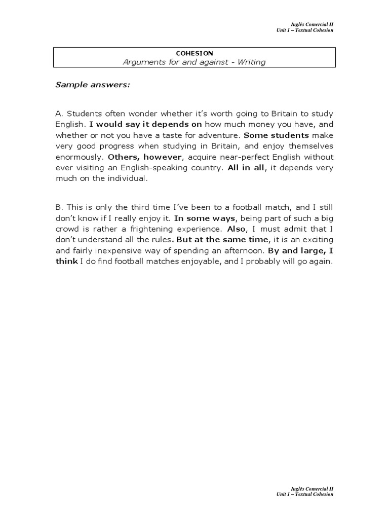 Sample Answers:: Arguments For and Against - Writing | PDF