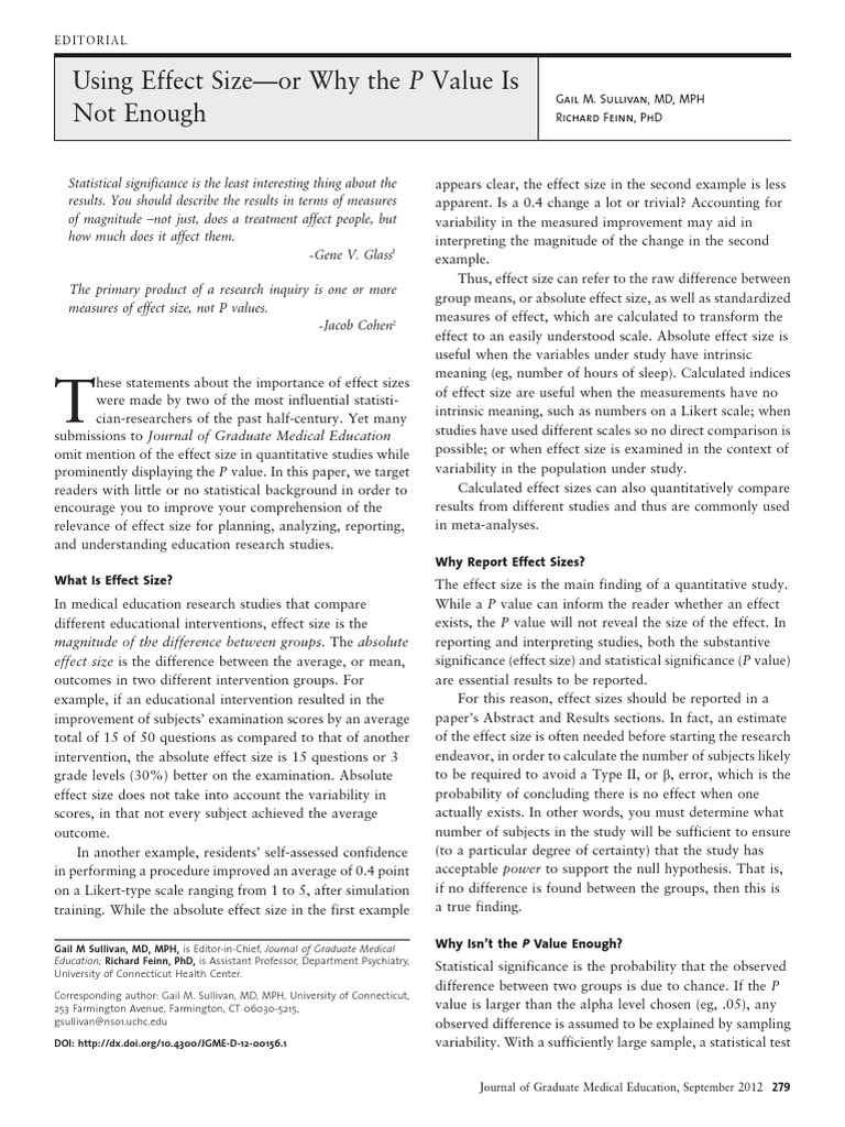 Using Effect Size-Or Why The P Value Is Not Enough: Editorial | PDF ...
