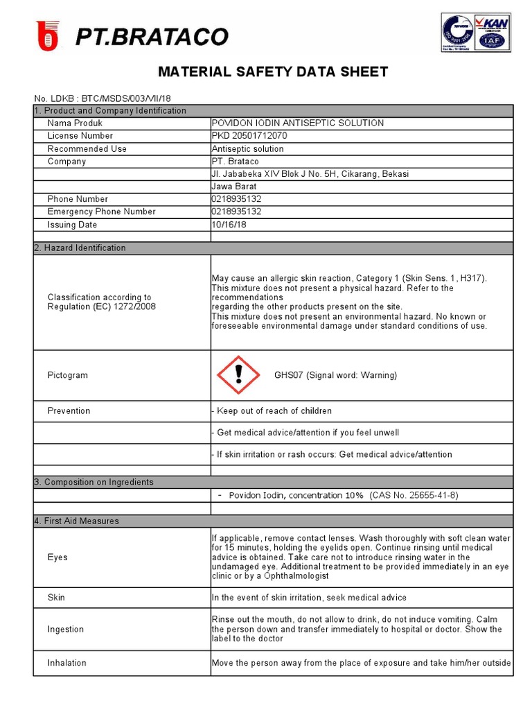 Brataco MSDS Povidon Iodin 161018-1-FIX | PDF | Toxicity | Nitrogen