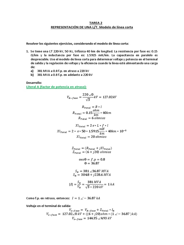 Tarea 2 Modelo Linea Corta | PDF | Energia electrica | Filosofía natural