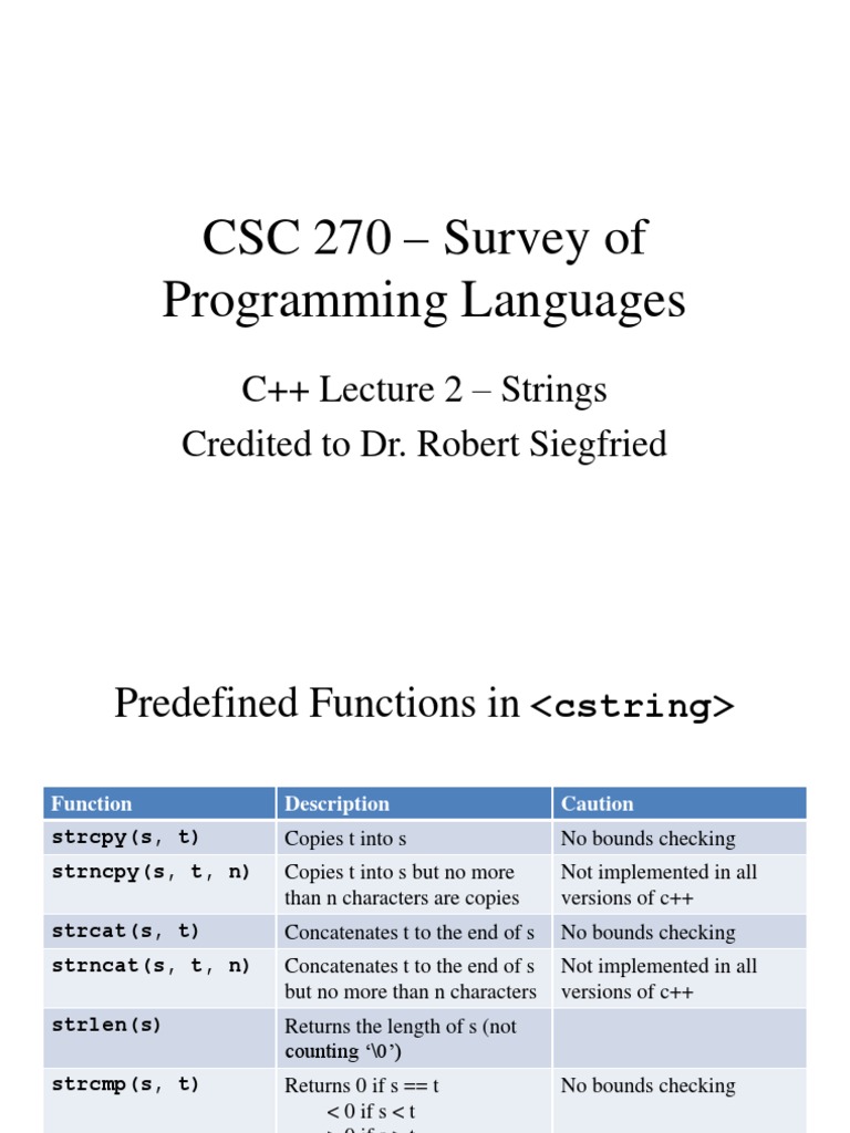 CSC 270 - Survey of Programming Languages: C++ Lecture 2 - Strings ... CSC 270 - Survey of Programming Languages: C++ Lecture 2 - Strings ...