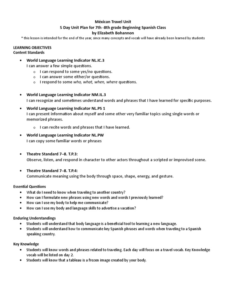 Unit Lesson Plan | PDF | Vocabulary | Classroom