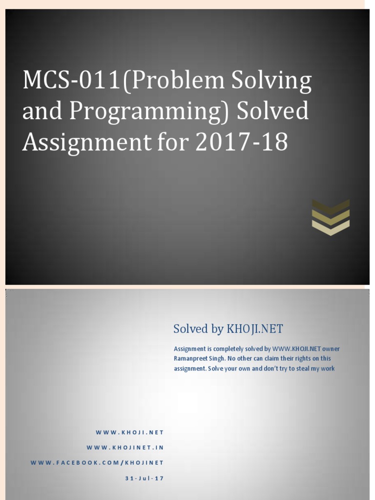 Mcs 011 Problem Solving And Programming Solved Assignment For 2017 18