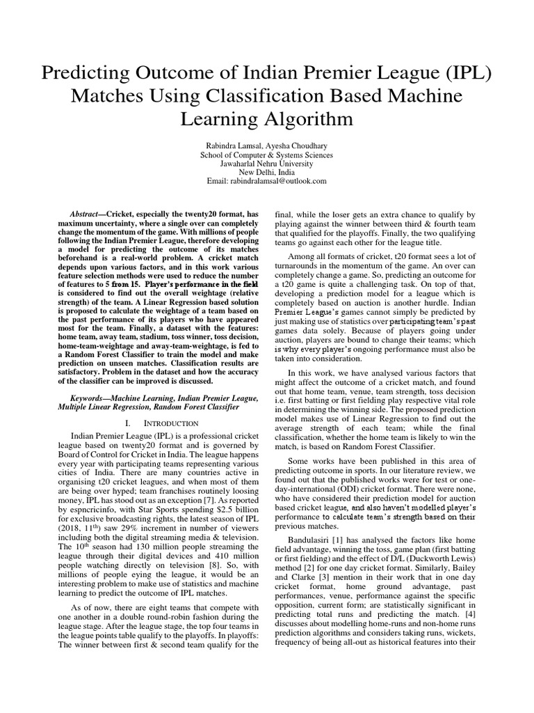 Predicting Outcome of Indian Premier League IPL Ma | PDF | Statistical ...