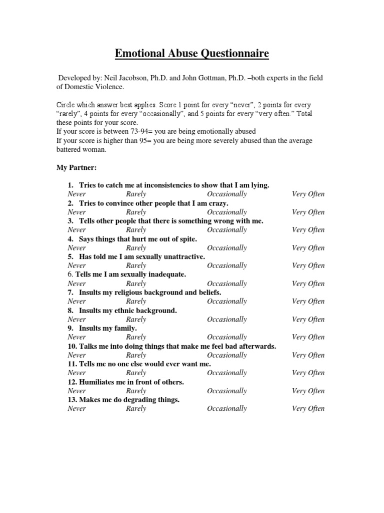Emotional Abuse Questionnaire | Psychological Abuse | Domestic Violence