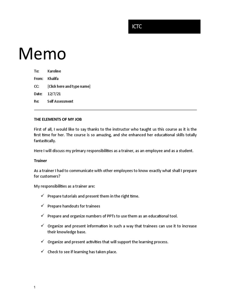 ICTC Self Assessment Memo | PDF | Teachers | Behavior Modification