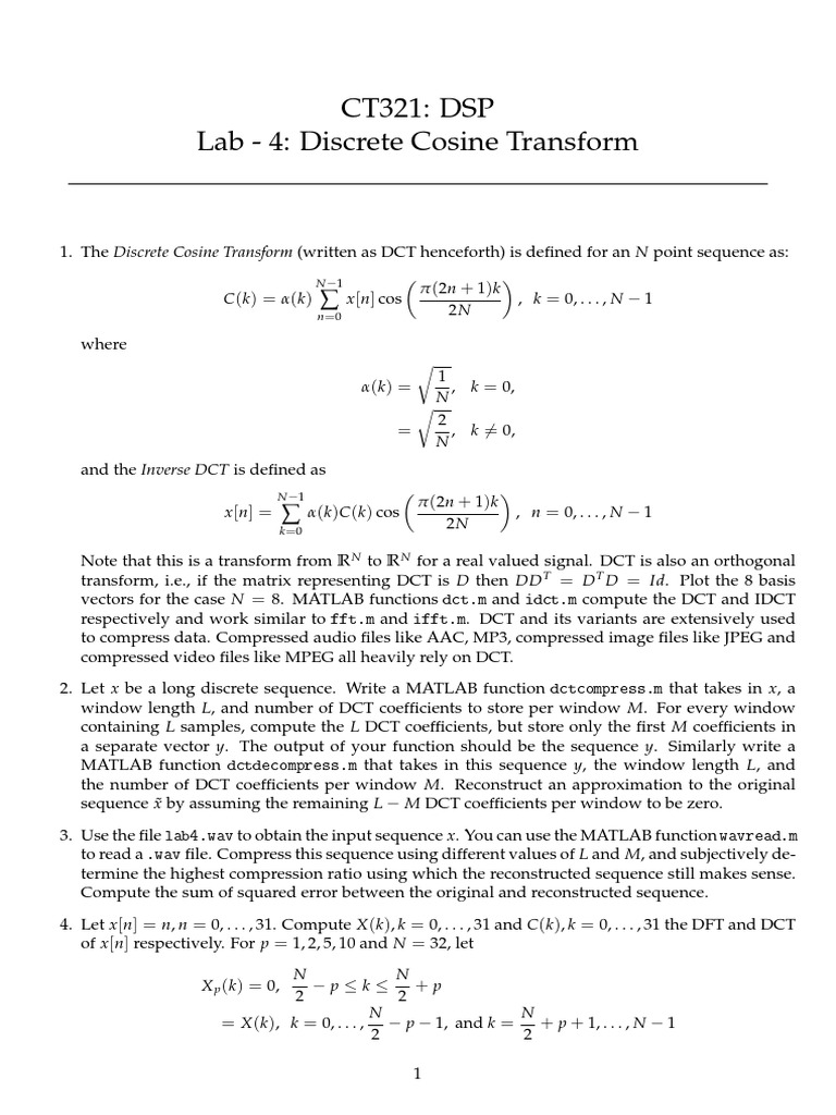 CT321: DSP Lab - 4: Discrete Cosine Transform | PDF | Algorithms | Signal Processing