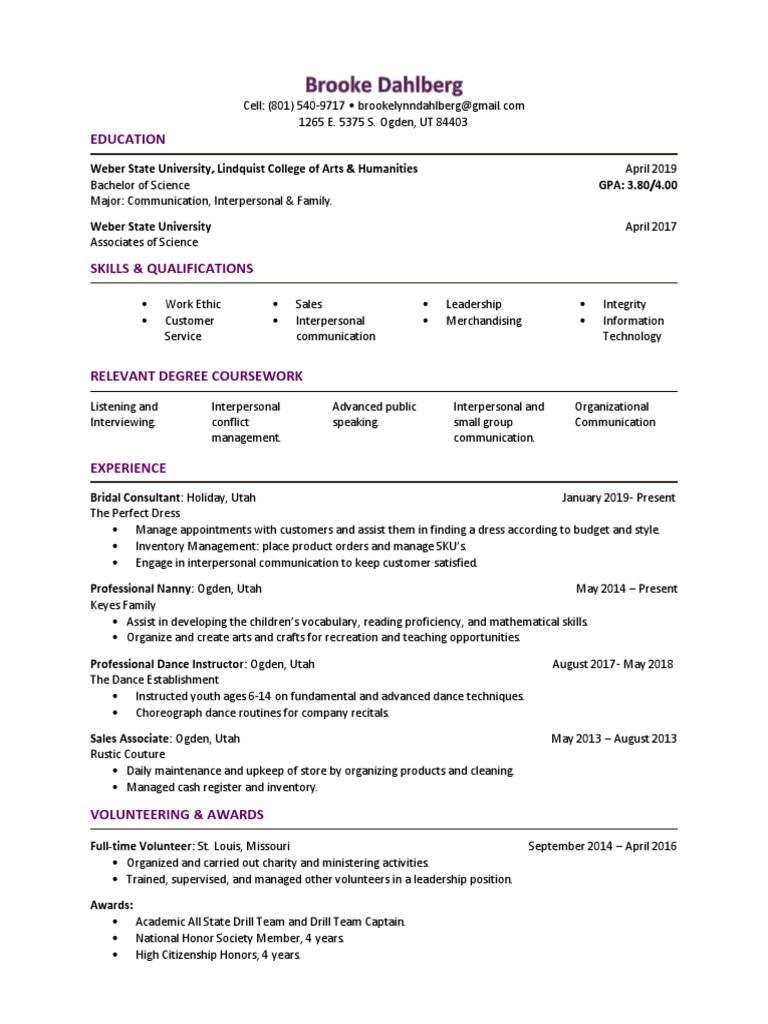 Brooke Dahlberg Final Resume | PDF | Behavior Modification | Learning