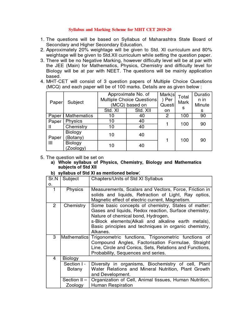 MHT CET 2019-20 Exam Guide | PDF | Chemistry | Biology
