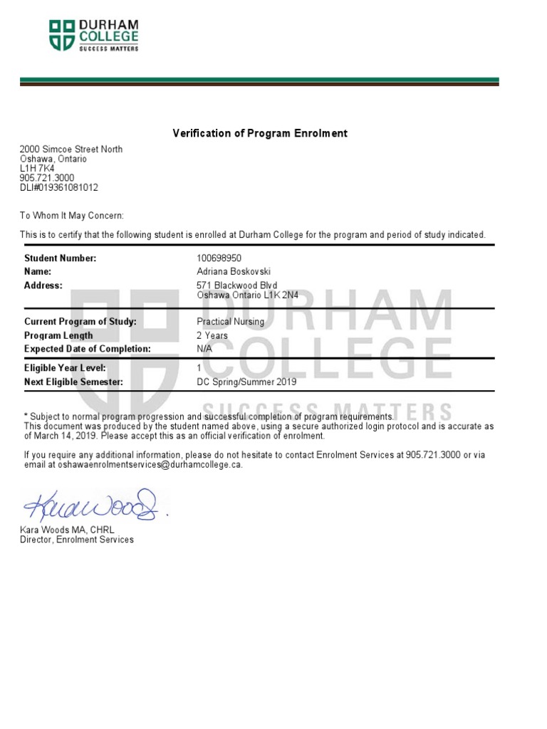 Verification of Program Enrolment Letter | PDF