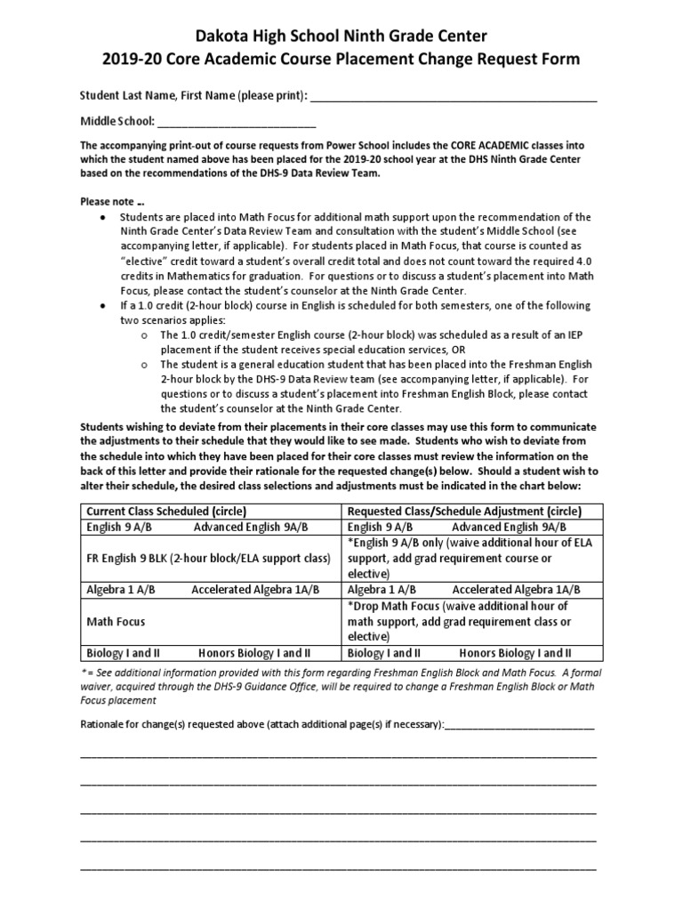 Dakota High School Ninth Grade Center 2019-20 Core Academic Course ...