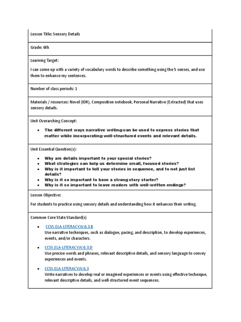 Sensory Details | PDF | Narrative | Behavior Modification