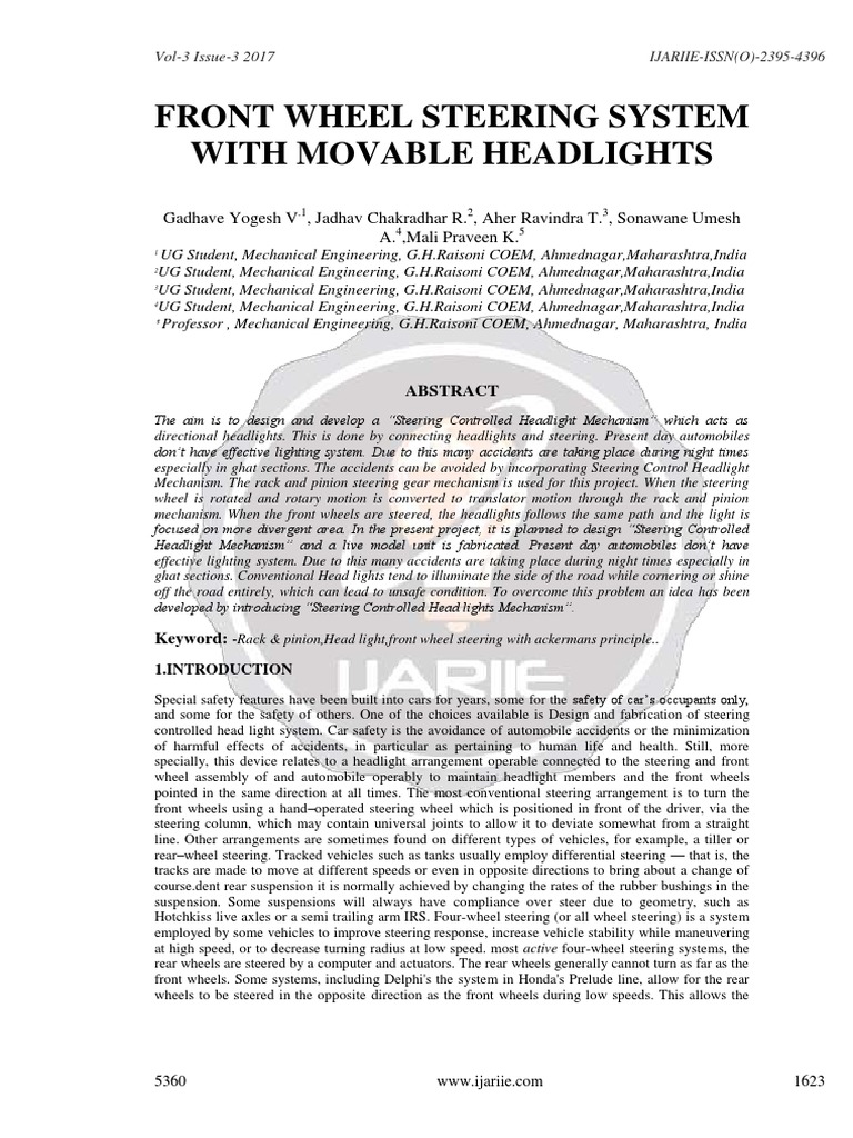 Front Wheel Steering System With Movable Hedlights Ijariie5360 | PDF ...