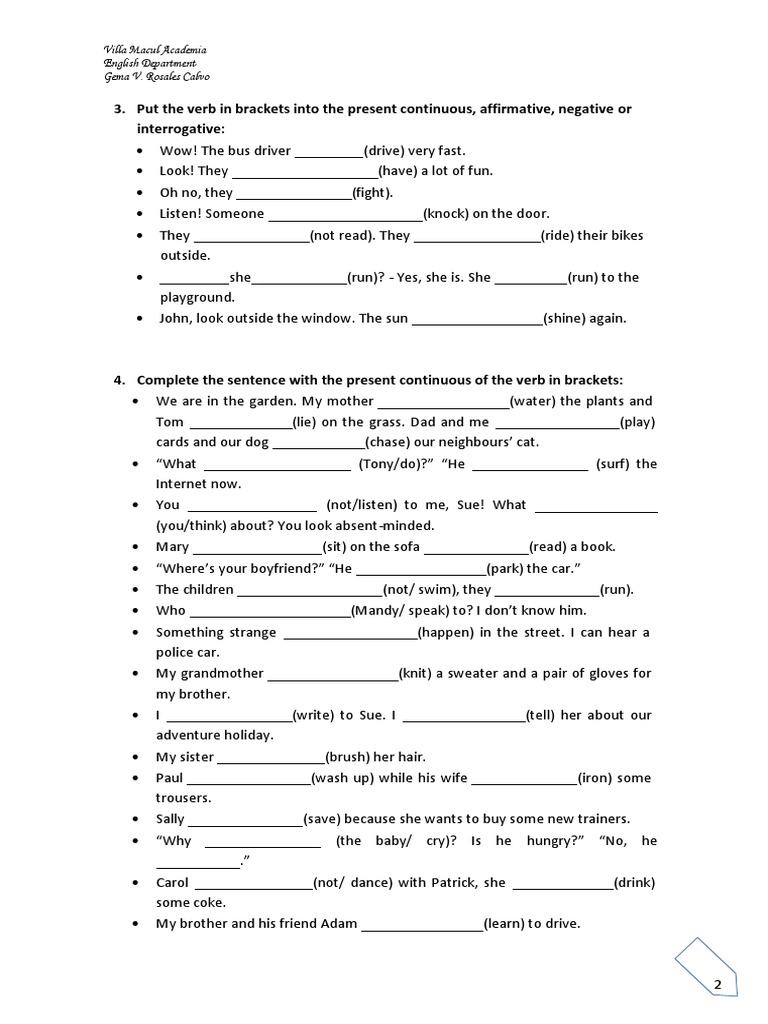 Present Continuous Exercises PDF | PDF | Language Arts & Discipline