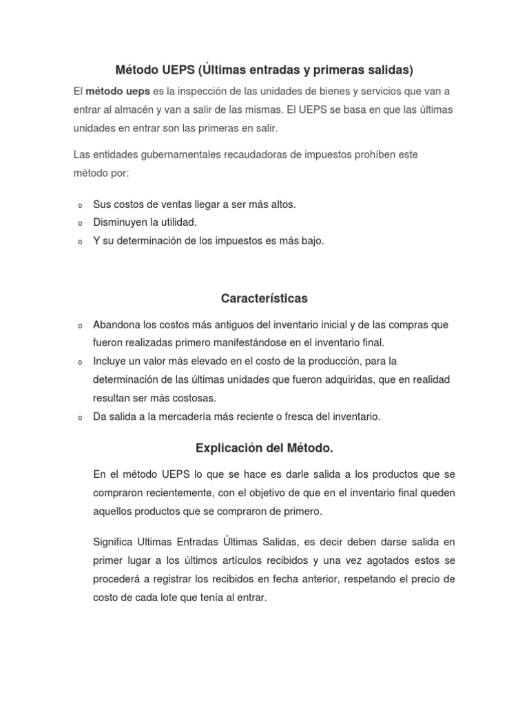 Método UEPS: Características y Uso | PDF | Inventario | Impuestos