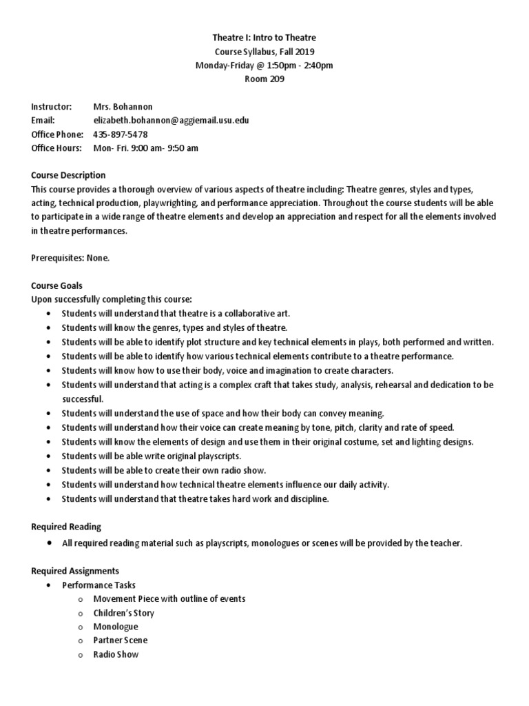 Theatre I Course Syllabus Overview | PDF | Plagiarism | Homework