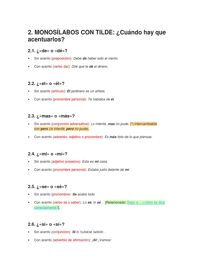 Monosílabos Con Tilde | PDF | Adverbio | Mecánica del lenguaje
