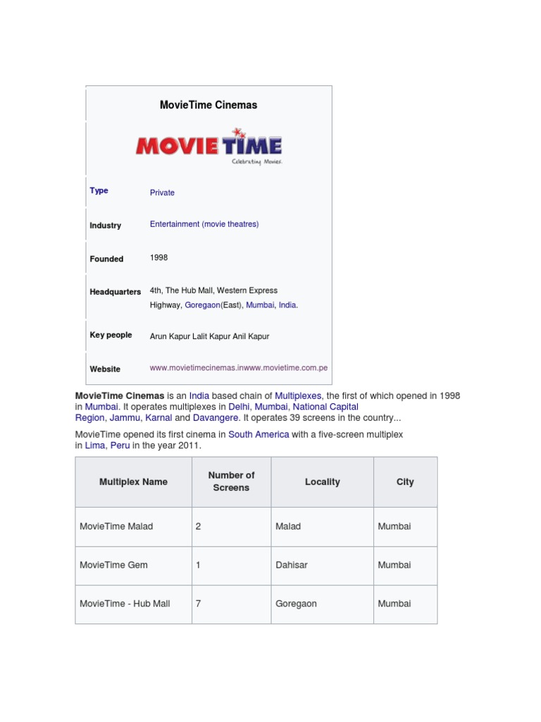 Movietime Cinemas: Private | PDF | Mumbai | Cinema