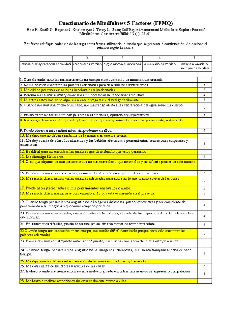 Cuestionario Mindfulness 5 Factores FFMQ | PDF | Las emociones | Sicología
