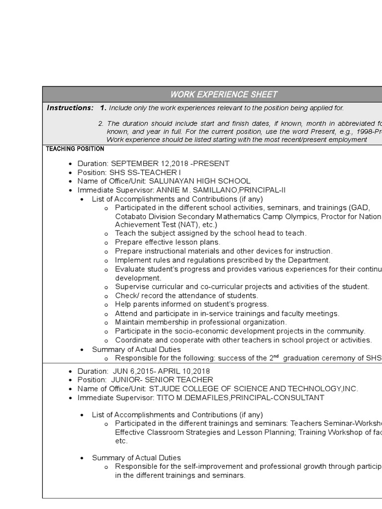Work Experience Sheet - Final | PDF | Teachers | Employment