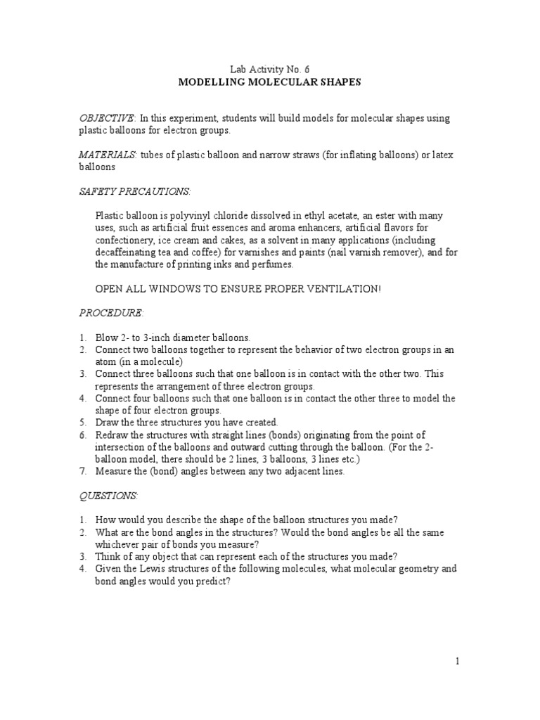 Lab Activity 6 - Modelling Molecular Shapes | PDF | Balloon | Chemical Bond