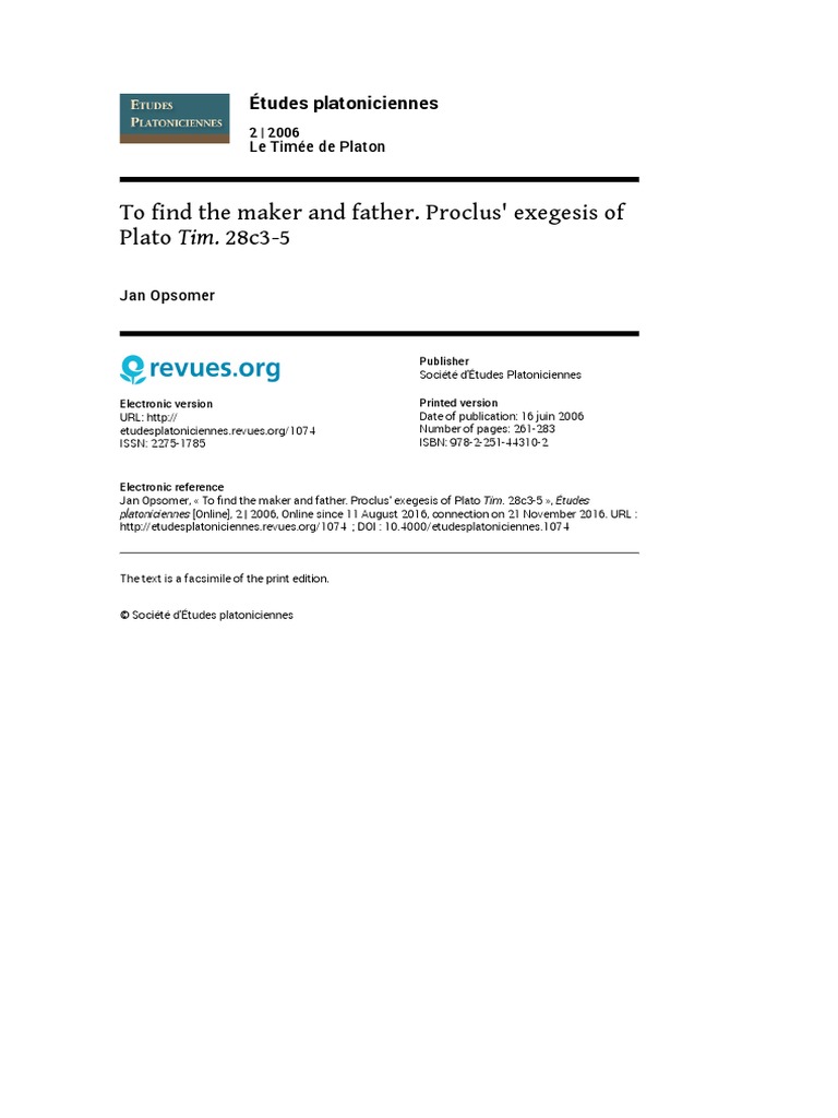 PROCLUS Exegis of The Demiurge in The Timaeus | PDF | Neoplatonism | Nous