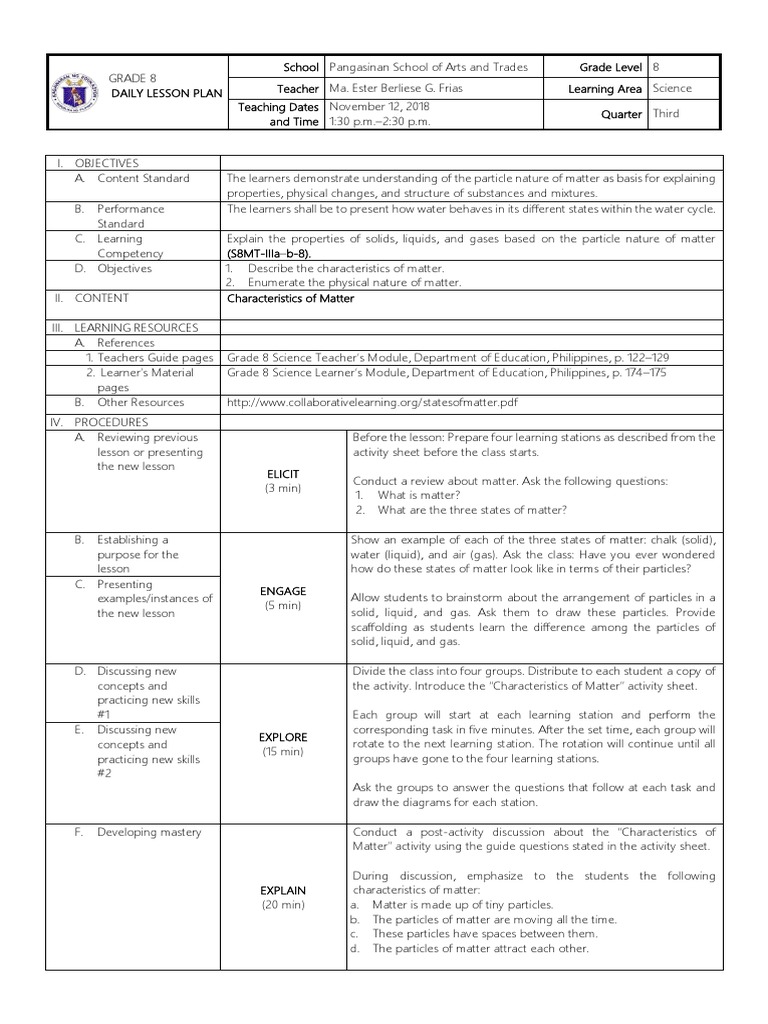 Grade 8 Science - States of Matter | PDF | Matter | Lesson Plan