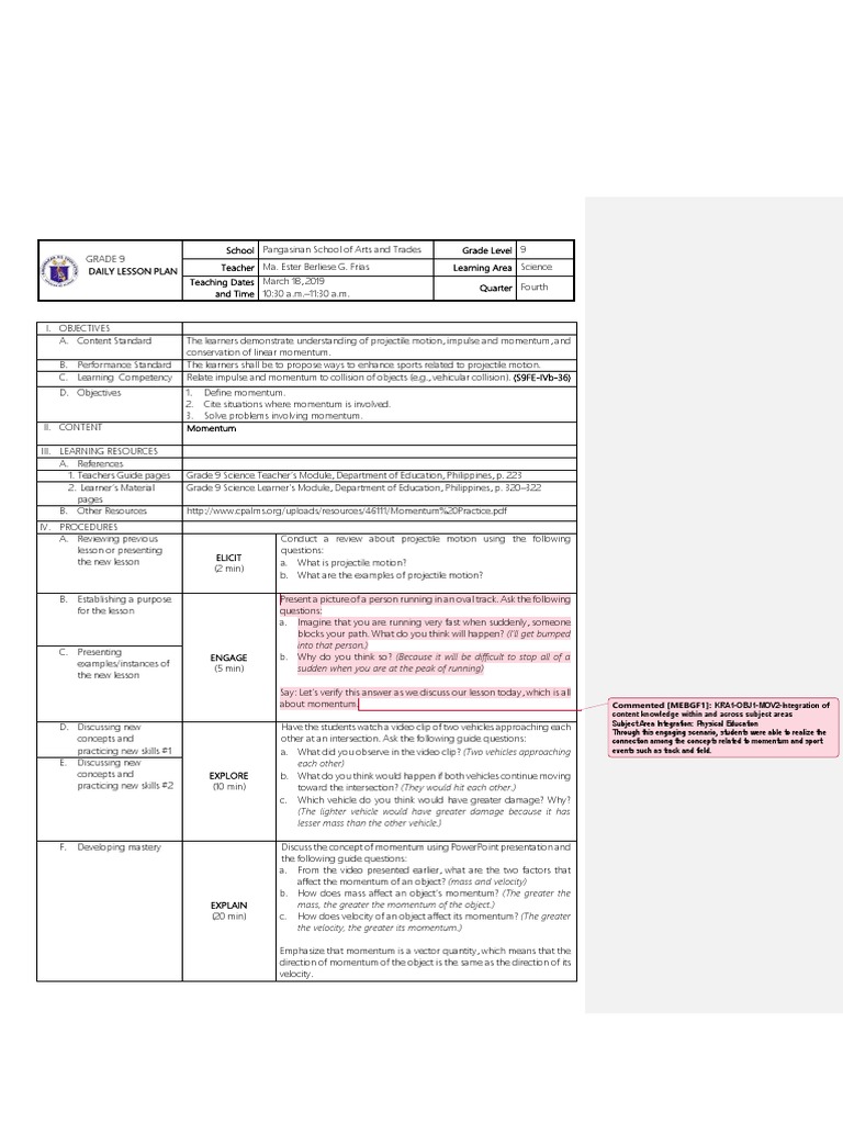 Grade 9 Lesson - Momentum | PDF | Momentum | Lesson Plan