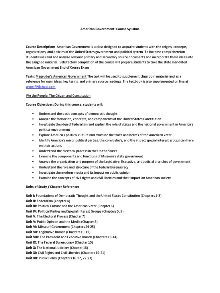 American Government Syllabus | PDF | Federal Government Of The United ...