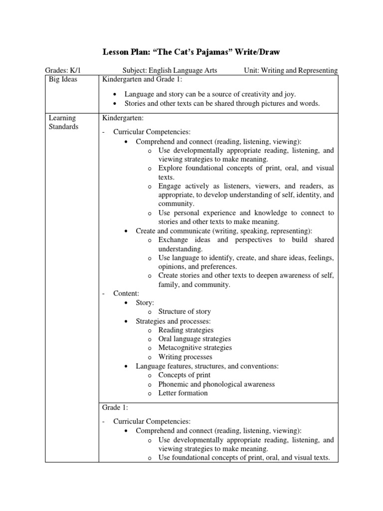 Lesson Plan: "The Cat's Pajamas" Write/Draw | PDF | Reading (Process ...