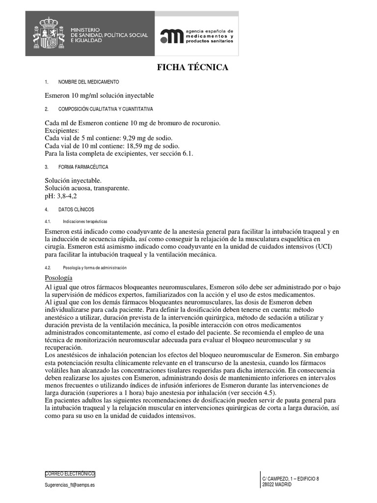 Esmeron: Ficha Técnica y Dosis | PDF | Medicamentos con receta | Anestesia