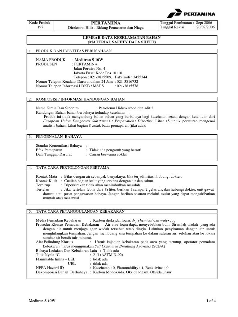 MSDS Oli Sae 10 W | PDF