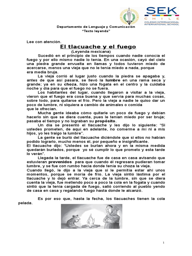 El tlacuache y el fuego: Departamento de Lenguaje y Comunicación “Texto ...