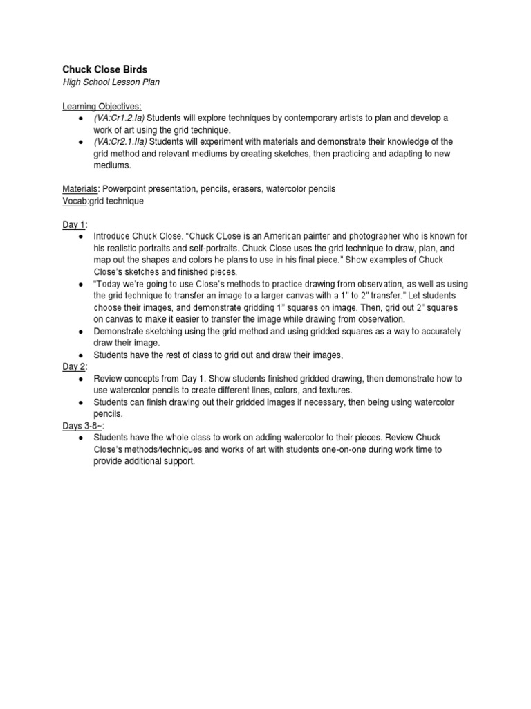 Chuck Close Birds: High School Lesson Plan | PDF