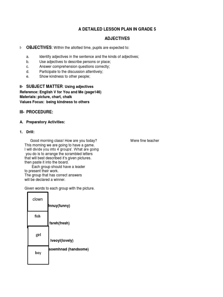 A Detailed Lesson Plan in Grade 5 Adjectives Objectives | PDF ...