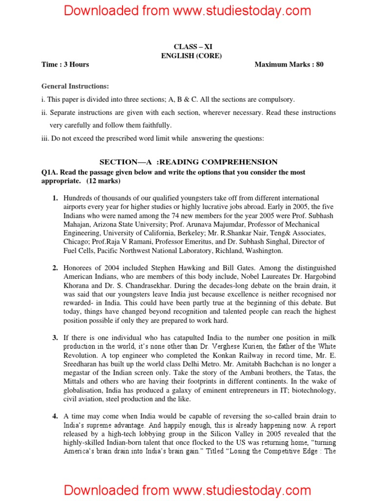 CBSE Class 11 English Sample Paper 2018 | PDF | Human Capital Flight ...