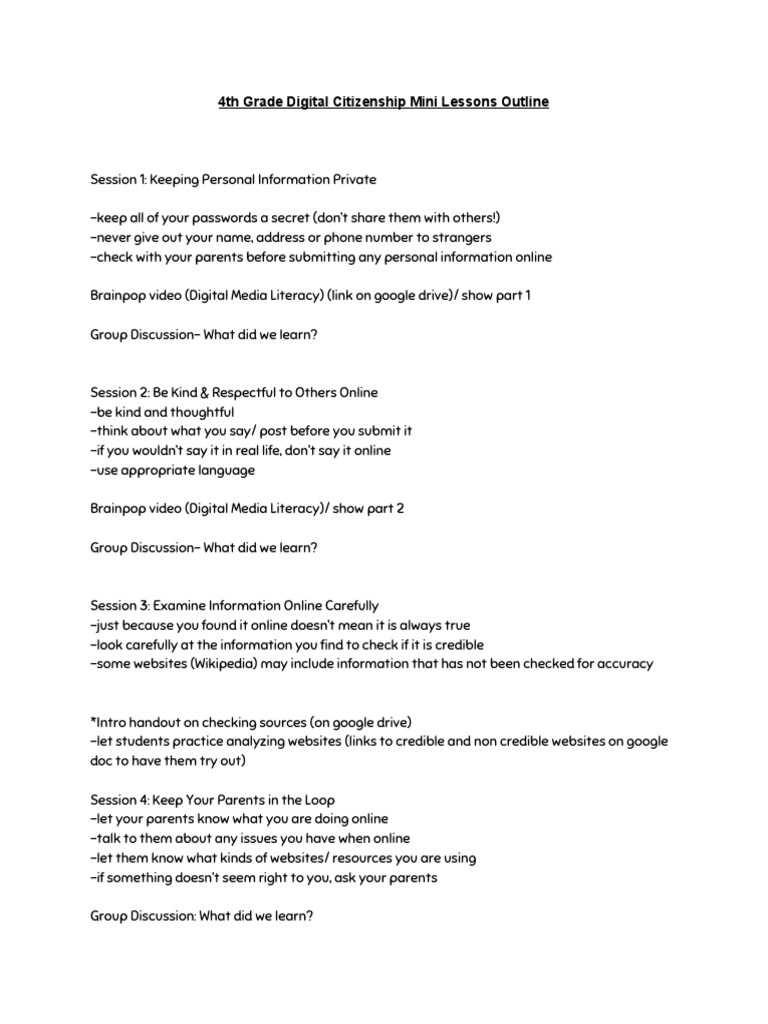 4th Grade Digital Citizenship Lessons | PDF | Social Science | Wellness