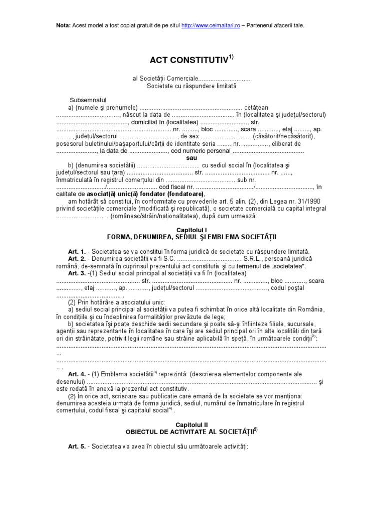 Act Constitutiv de SRL Asociat Unic | PDF