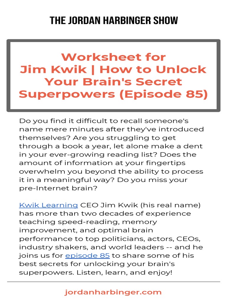 Worksheet For Jim Kwik How To Unlock Your Brains Secret Superpowers Episode 85 | Download Free ...