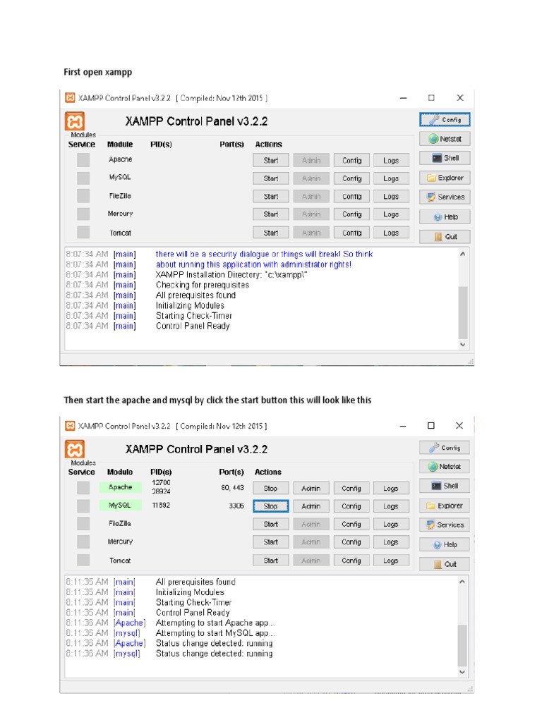 Starting XAMPP and Accessing phpMyAdmin | PDF