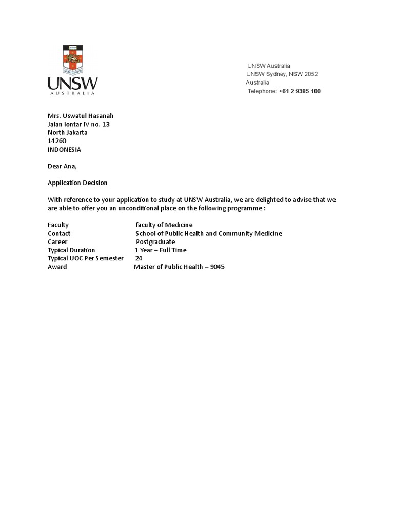 UNSW Unconditional Offer Letter | PDF