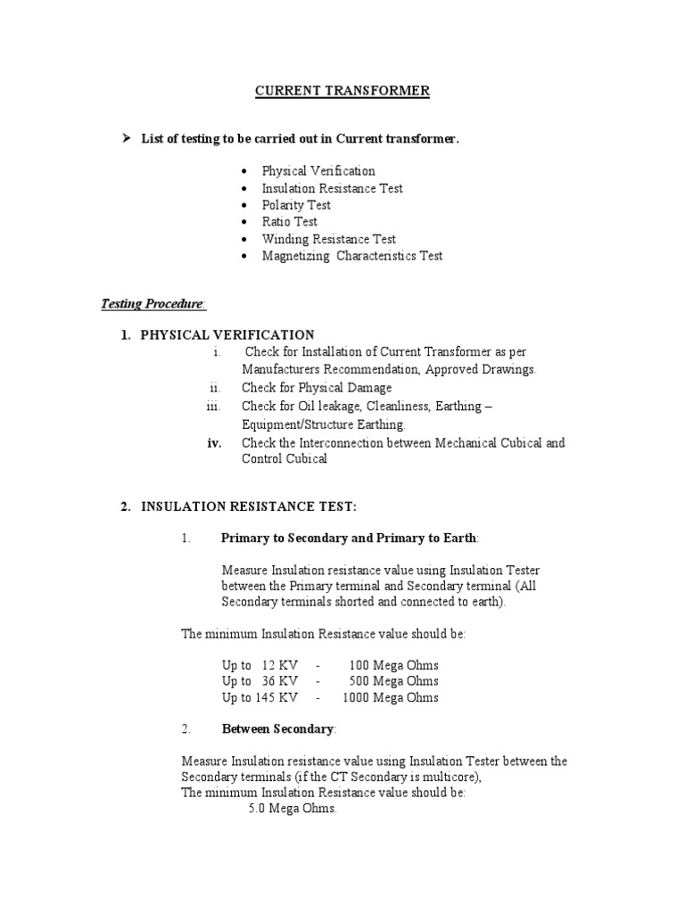 Currnt Transformer Testing Procedure | PDF | Transformer | Insulator ...